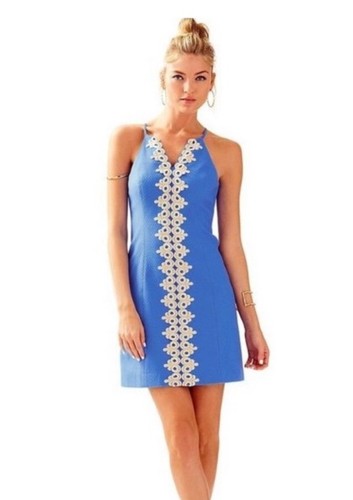 Lilly Pulitzer Pearl Sheath Lapis Blue Gold Lace Pique V Neck Dress SZ ...