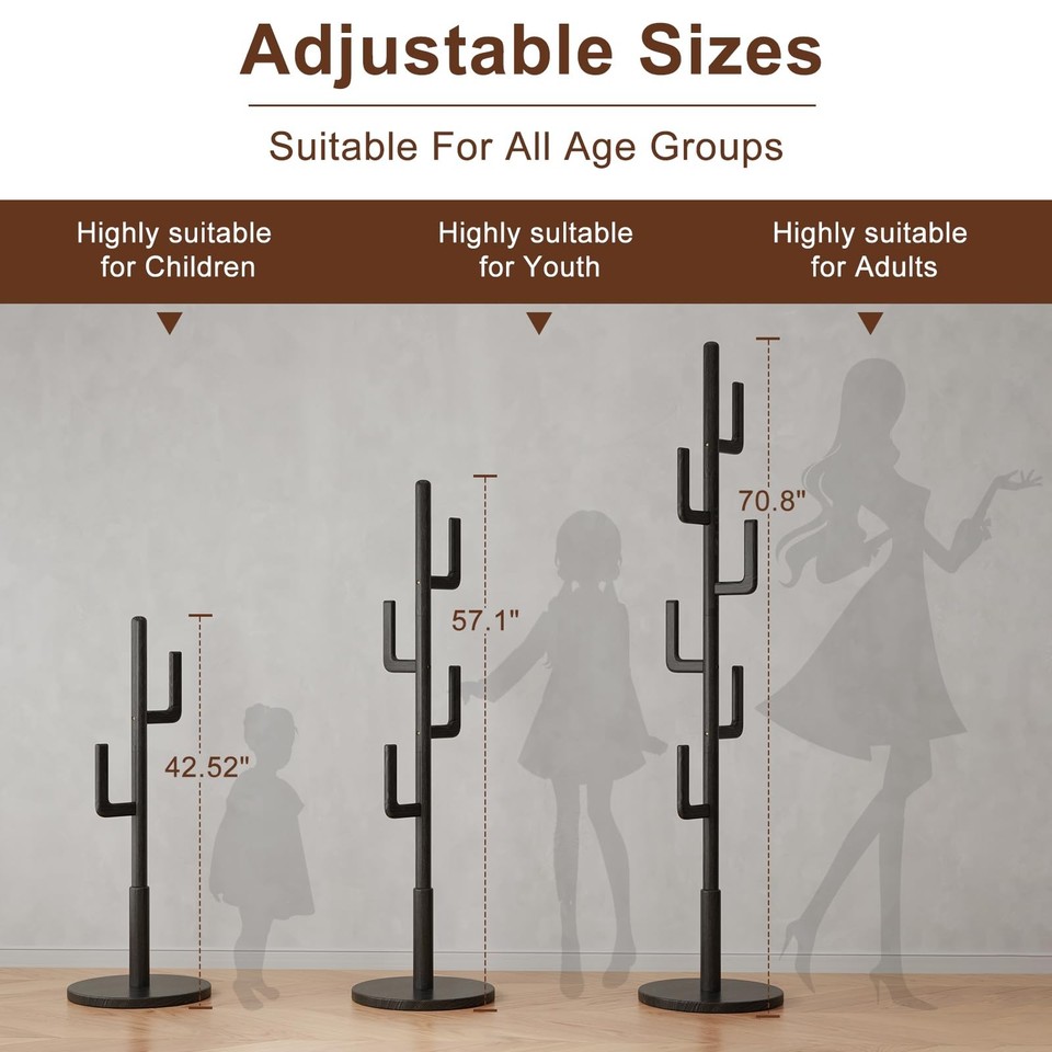 Solid Wood Cactus Coat Rack, Freestanding Coat Rack With 6 L-Shaped ...