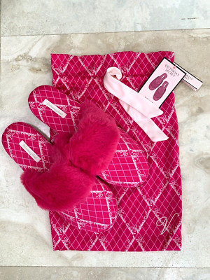 NEW VICTORIA SECRET SATIN FUZZY COZY LOGO SLIPPERS *GIFT BAG PINK/WHITE ...