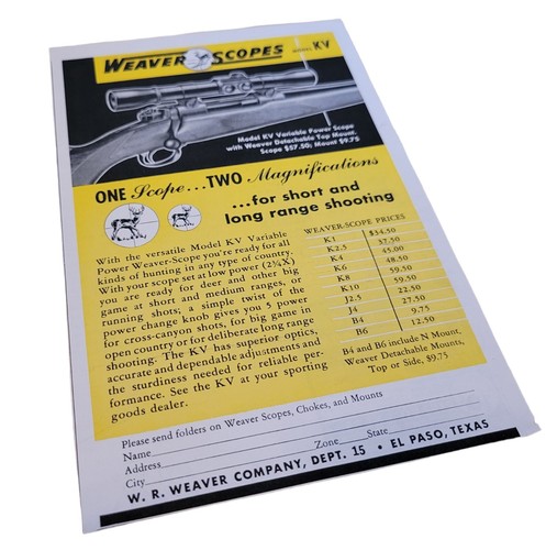 Vtg 50's Weaver Scopes Print AD Model KV Variable Power Hunting Rifle ...