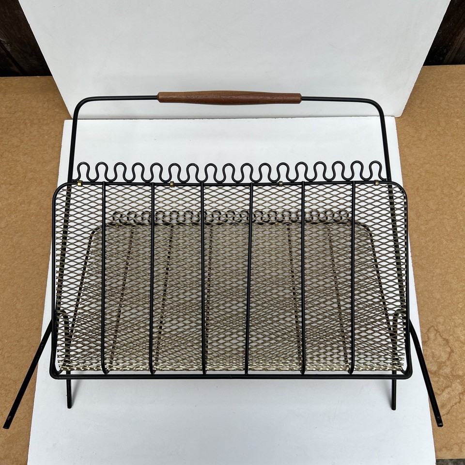 Magazine Rack Metal Wire Mesh Teak Wood Black Metal Vintage Mid Century ...