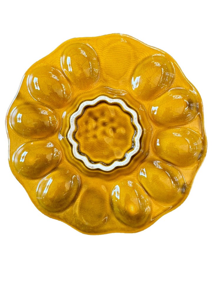 Vintage Ceramic Deviled Egg Serving Plate USA 70's Brown 10 places 1960 ...