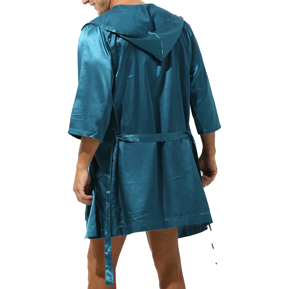 Men Satin Kimono Robes Classic Silky Bathrobe Open Front Hooded Robes ...