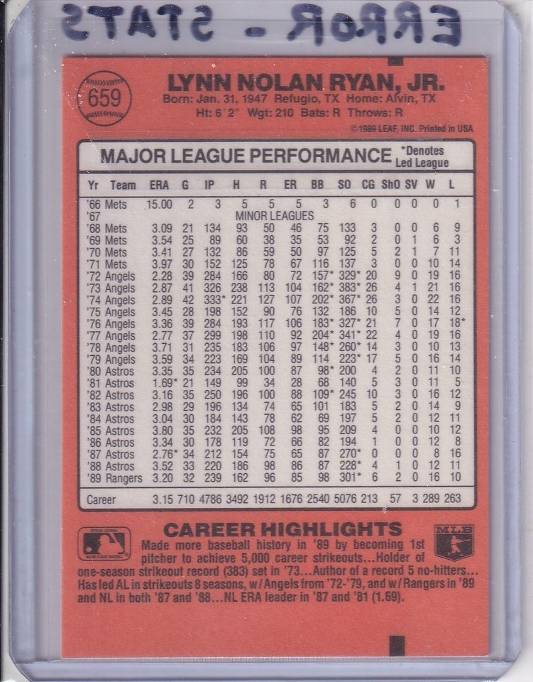 1989 donruss/leaf nolan ryan #659 (error card) | eBay