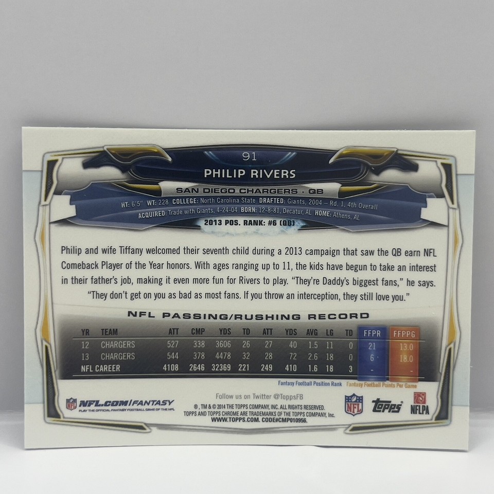 2014 Topps Chrome Football Philip Rivers Base #91 San Diego Chargers | eBay