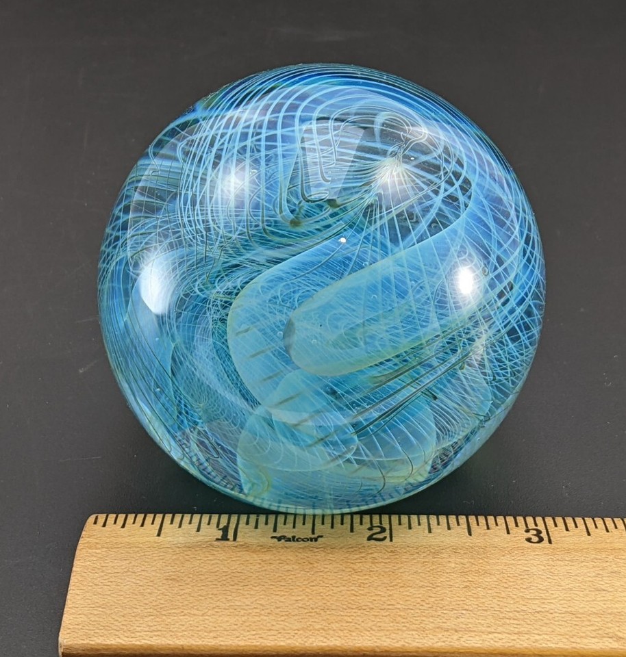 Vintage Signed Bill Slade Art Glass Paperweight Aqua Blue Strand Swirl ...