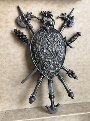 Vtg Wall PLAQUE METAL WARRIOR Coat of Arms SHIELD Raised Relief 30” X ...