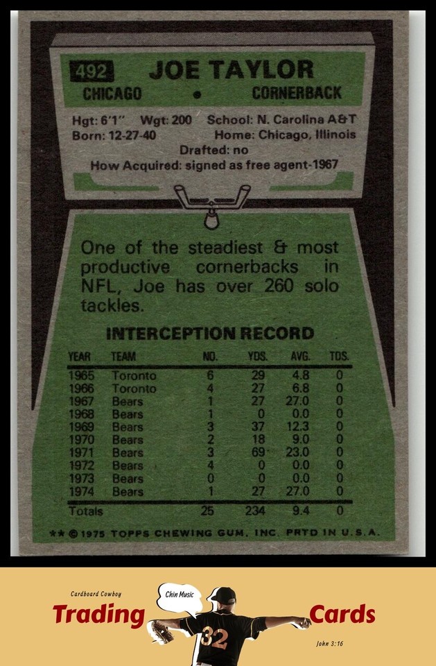 1975 Topps #492 Joe Taylor Chicago Bears Football Card EX | eBay