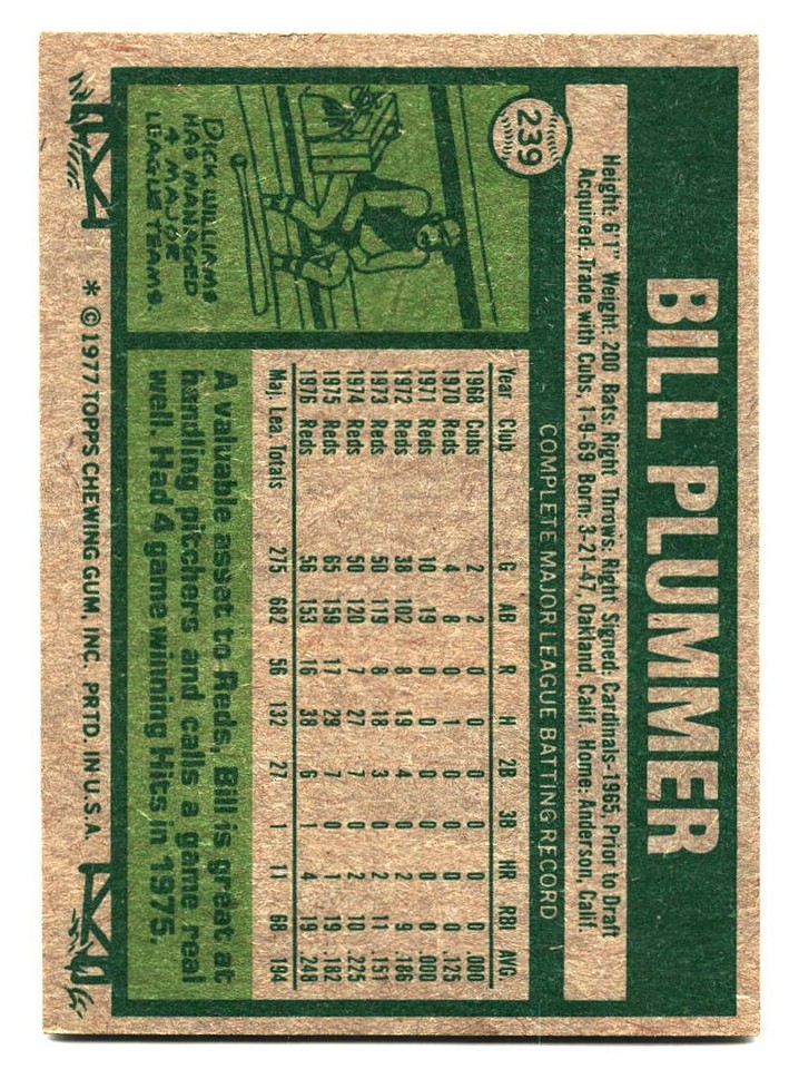 1977 Topps #239 Bill Plummer - Cincinnati Reds - NM - ID104 | eBay