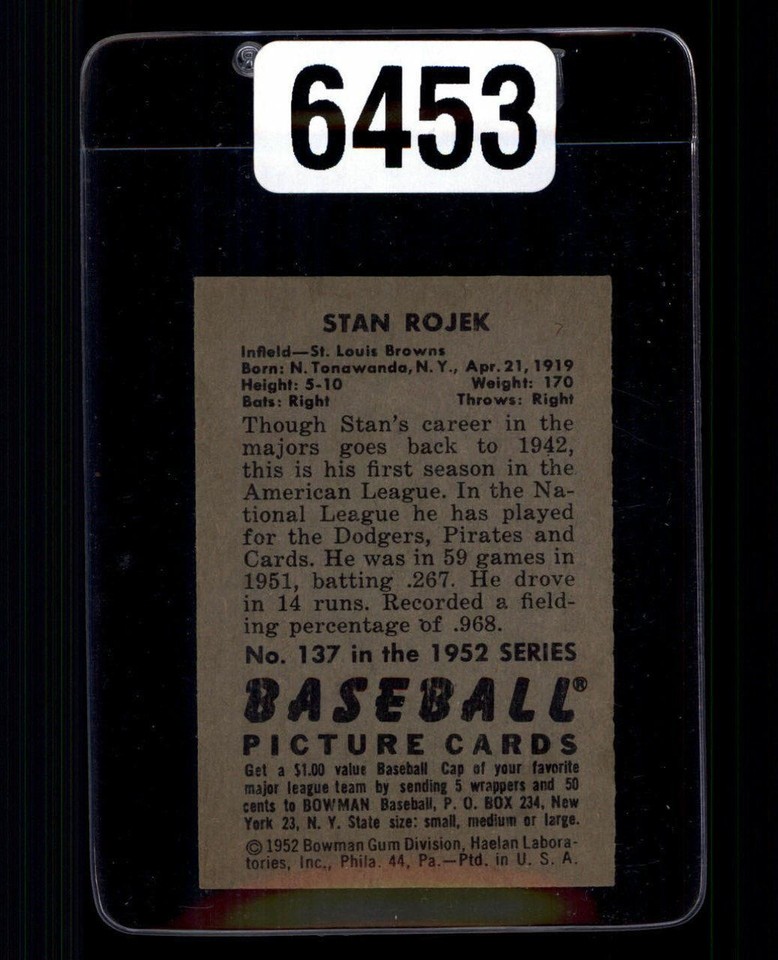 1952 STAN ROJEK BOWMAN #137 BROWNS EX #6453 | eBay