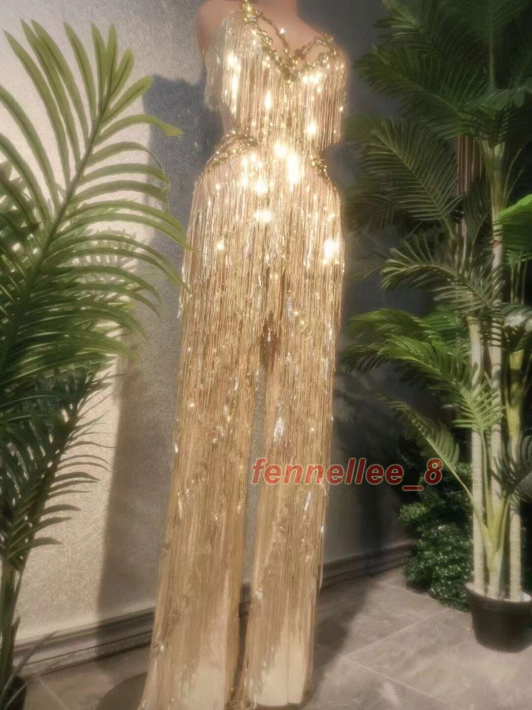 Women Gold Sequins Rhinestones Sleeveless Jumpsuit Singer Dancer Stage ...