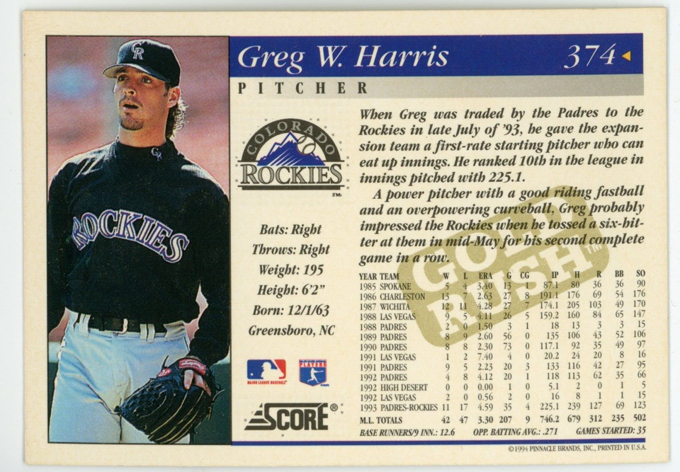 1994 Score Gold Rush Greg Harris Card #374 | eBay