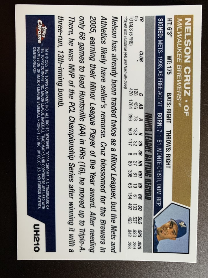 2005 Topps Chrome Update - NELSON CRUZ - Rookie Card #UH210 - MILWAUKEE ...