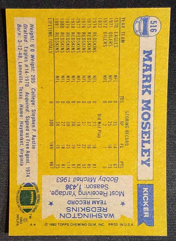 1982 Topps #516 Mark Moseley Washington Redskins NR-MINT++ | eBay