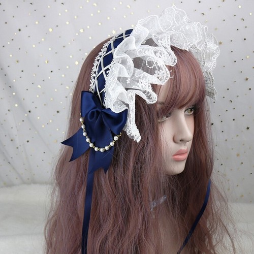 Sweet Ribbon Bowknot Headdress Maid Gothic Ruffled Lace Pearls Headwear ...