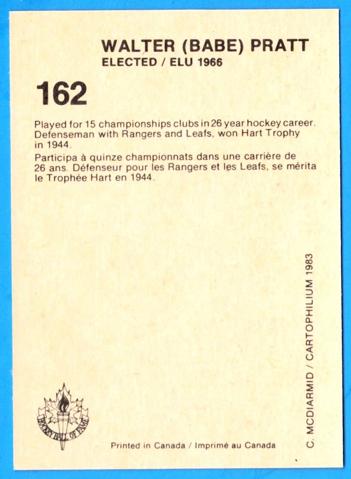 Babe Pratt 1985 Cartophilium Hockey Hall of Fame #162 (ex-mt) Toronto ...