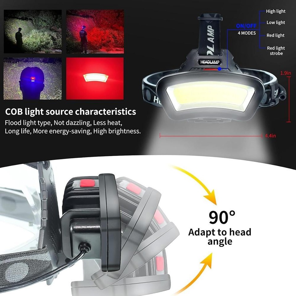 COB LED Headlamp USB Rechargeable Headlight Torch Work Light Bar Head ...
