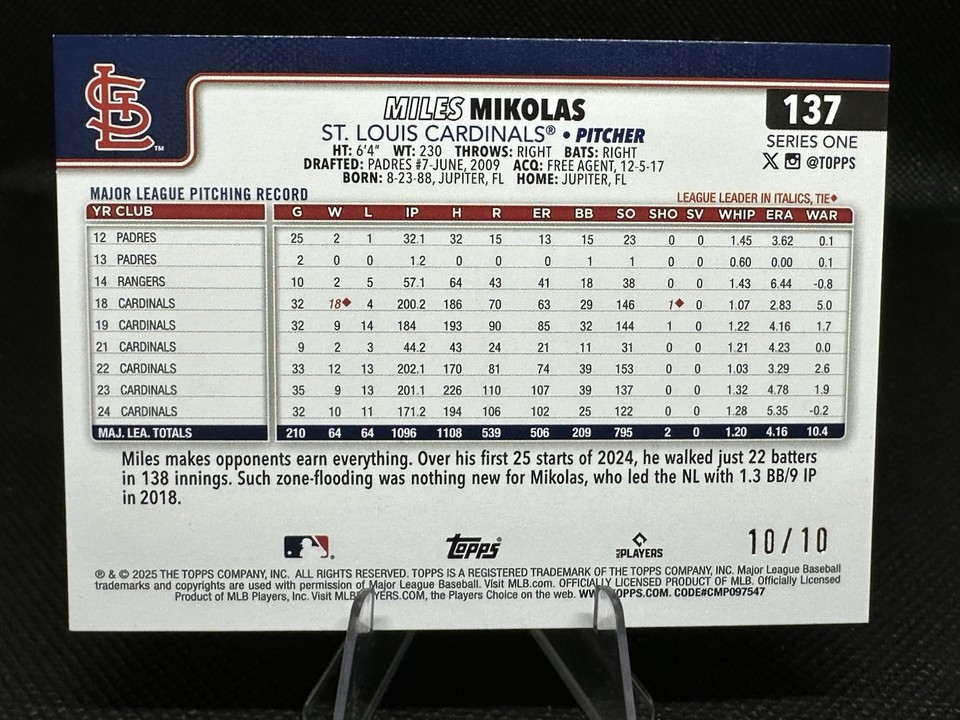 Miles Mikolas 2025 Topps Series 1 Black Rainbow Foil /10 Cardinals #137 ...