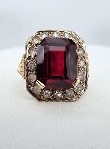 10k .417 Yellow Gold Edwardian Emerald Cut Ruby Paste Halo Sz 5 Ring Au ...