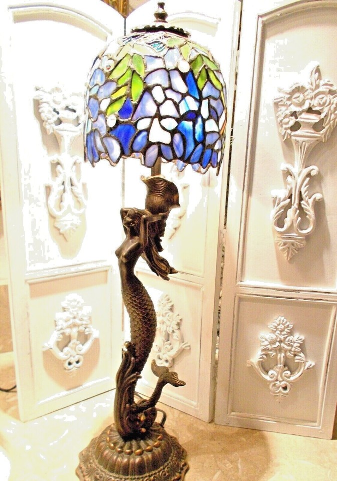 Delicate Bronze Mermaid 3 bulb Lamp w/ Stained Glass Helmet Shade 23 ...