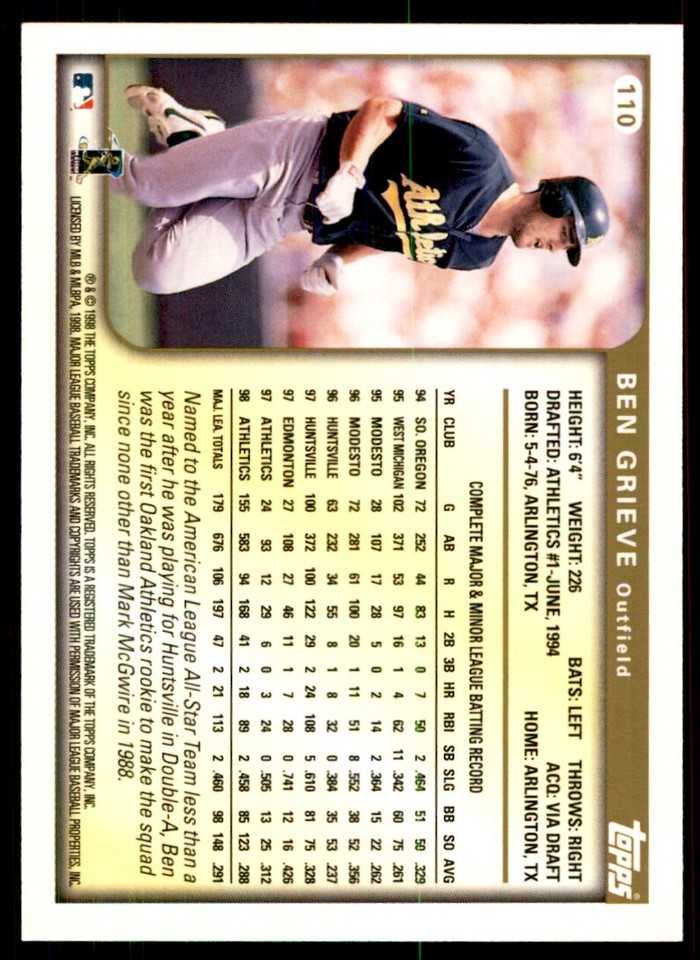 1999 Topps Baseball Card Ben Grieve Oakland Athletics #110 | eBay