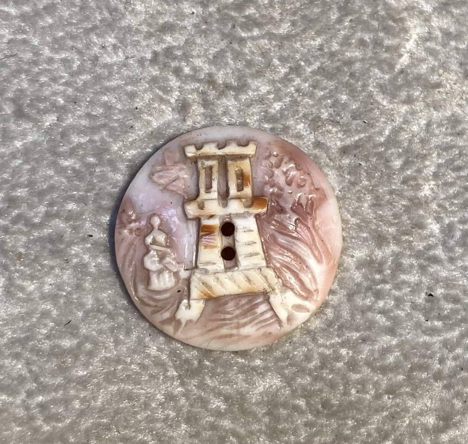 Antique Victorian Carved conch Shell Button Scene With Woman & Castle 3 ...