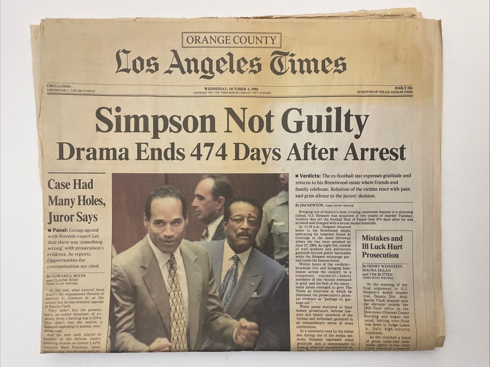 O.J. Simpson NOT GUILTY 1995 LOS ANGELES TIMES OJ Simpson newspaper ...