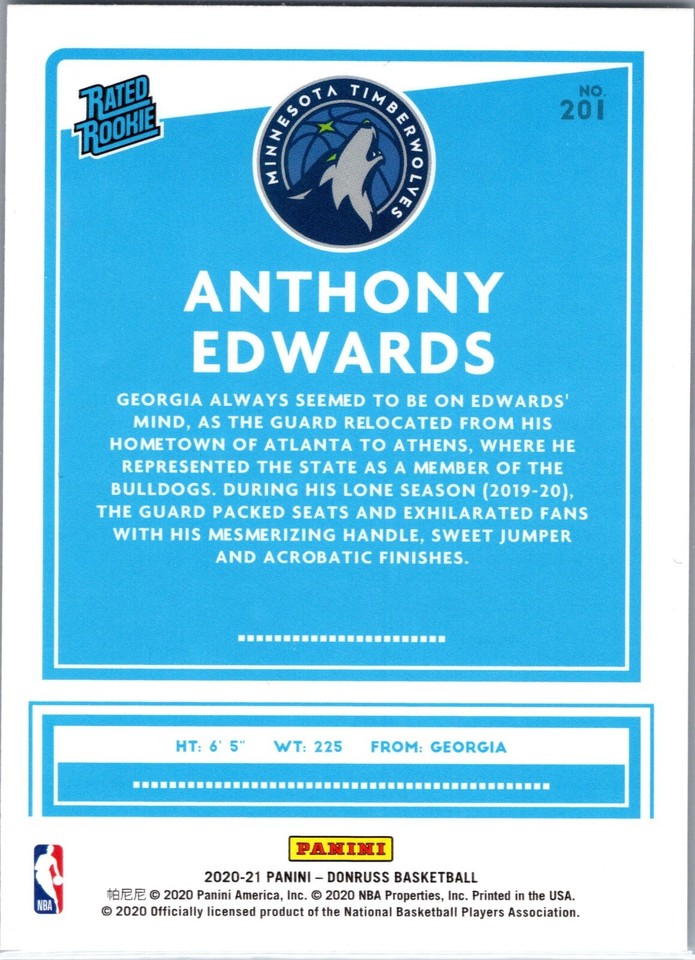 ANTHONY EDWARDS ROOKIE CARD 2020 Basketball DONRUSS RATED RC Minnesota ...