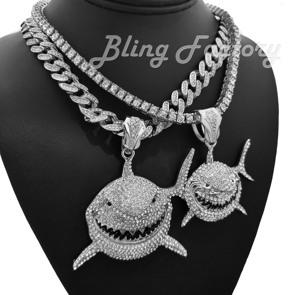 6ix9ine Silver PT Iced Shark Pendant & 18" Iced Cuban & 1 Row Chain ...