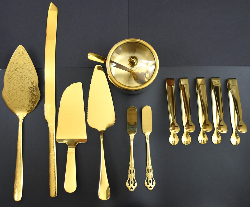 Gold Cake, Pie Knifes, Tongs, Lidded Bowl Spoon Buffet Utensils Set | eBay