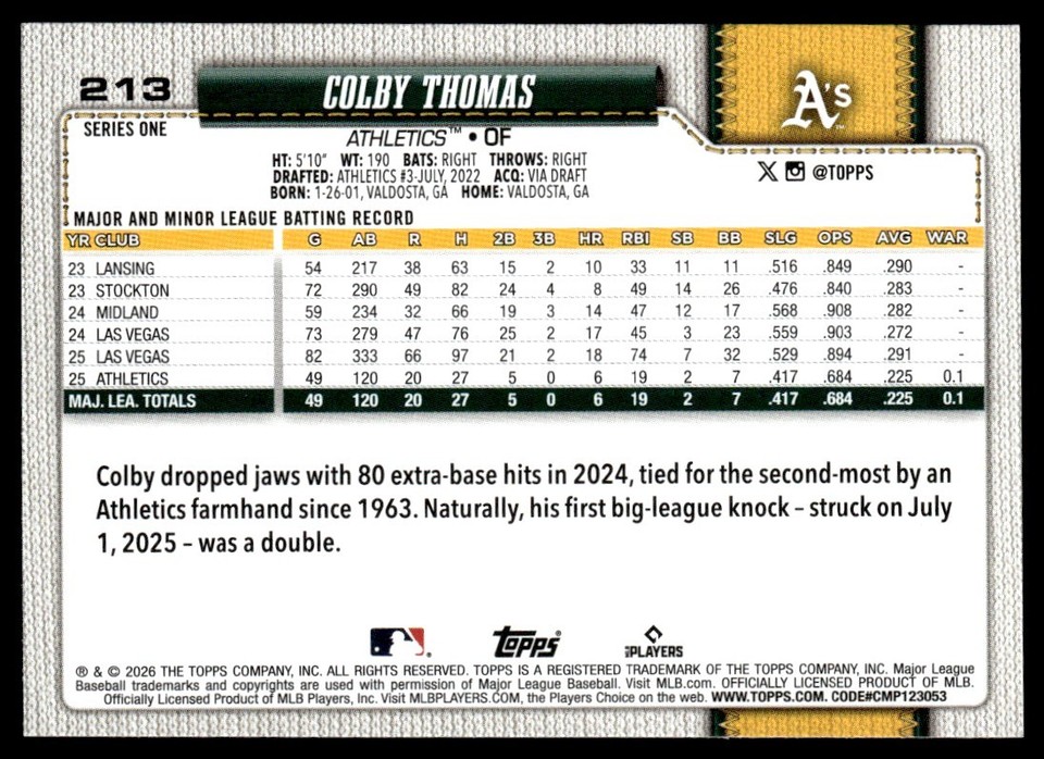 2026 Topps Series 1 Base Colby Thomas RC Oakland Athletics #213 | eBay