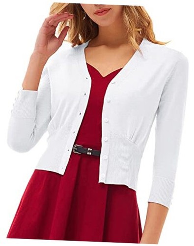 Women's Cropped Cardigan V-Neck Button Down Open Front Ribbed Knit ...
