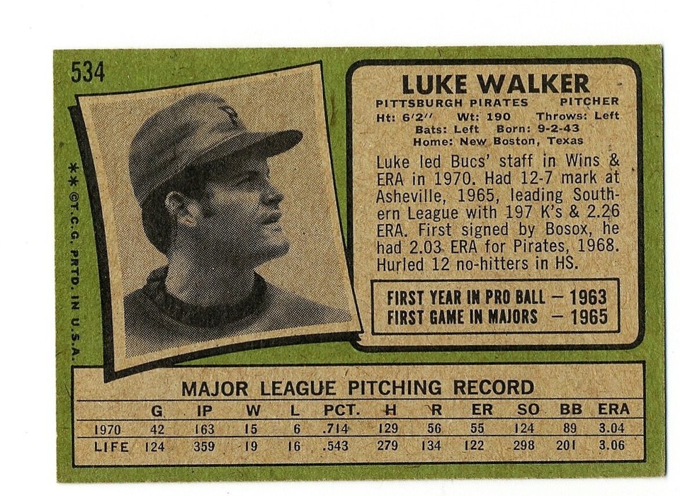 1971 TOPPS PITTSBURGH PIRATES LUKE WALKER #534 EX | eBay