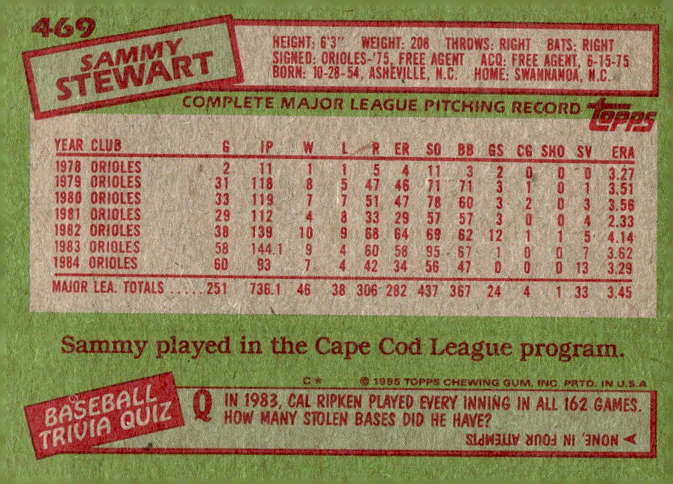 1985 Topps #469 Sammy Stewart - Baltimore Orioles | eBay