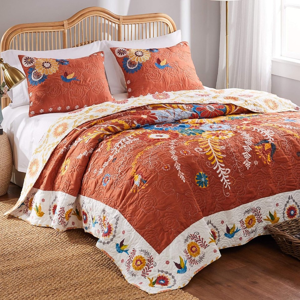 ORANGE BOHO 3pc Queen QUILT SET : REVERSIBLE RETRO RUST TOPANGA FLORAL ...