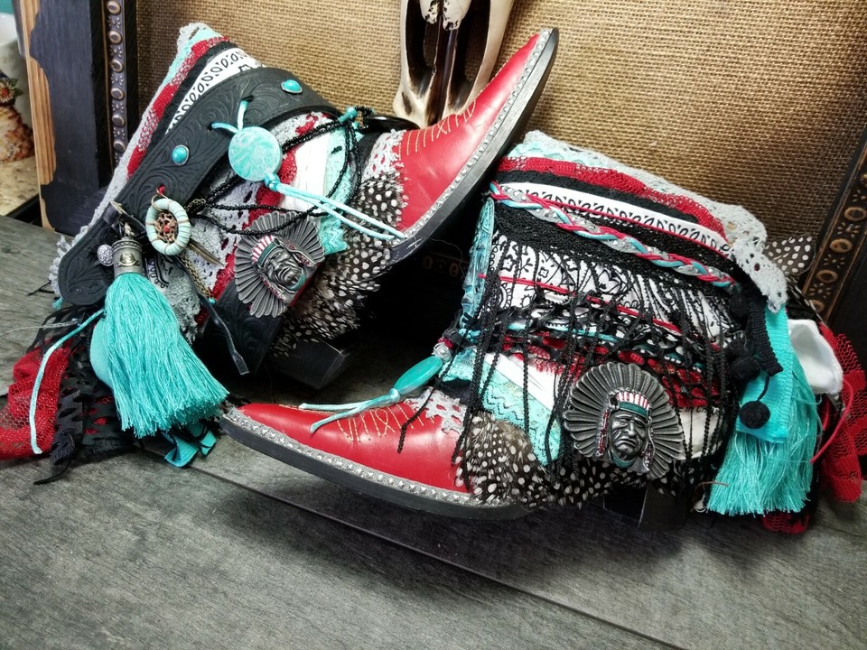 Upcycled Boots boho ankle gypsy cowboy embellished OOAK Custom made to ...