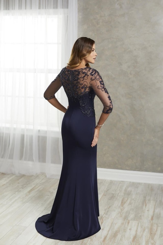 Christina Wu 17926 Size 12 Navy Illusion Sleeve Beaded Long Dress NWT ...