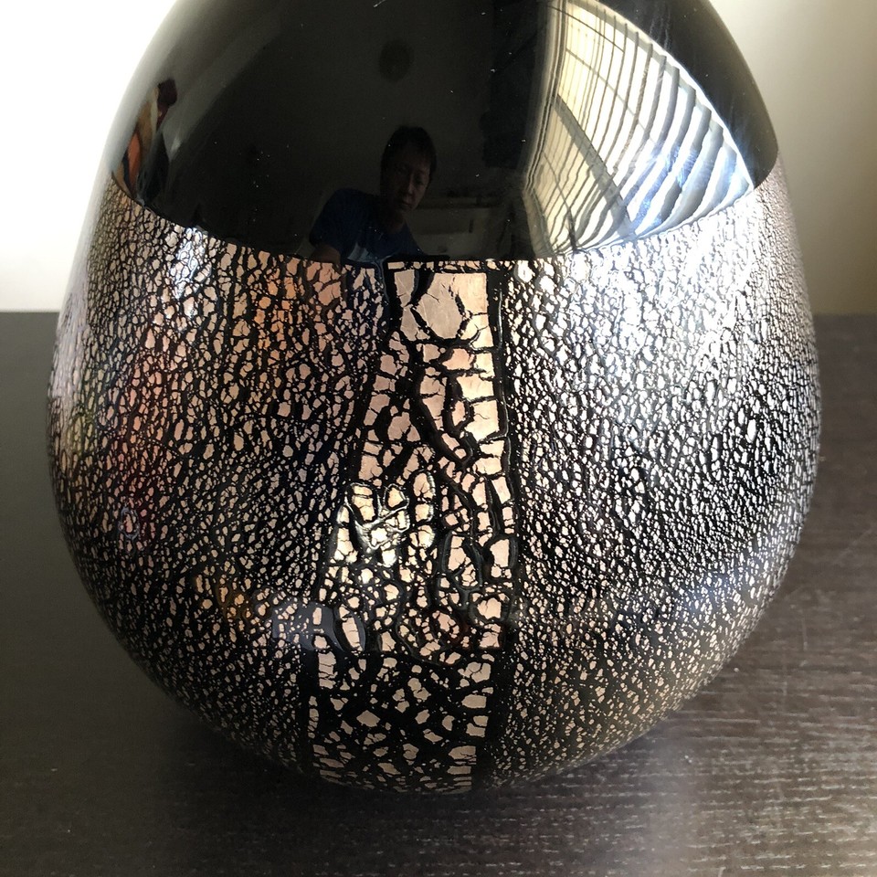 LARGE Artisan Blown Art Glass Centerpiece Sculpture Metallic Foil Vase ...