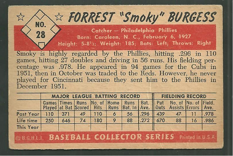1953 Bowman Color #28 Forrest Smoky Burgess Baseball Card Philadelphia ...