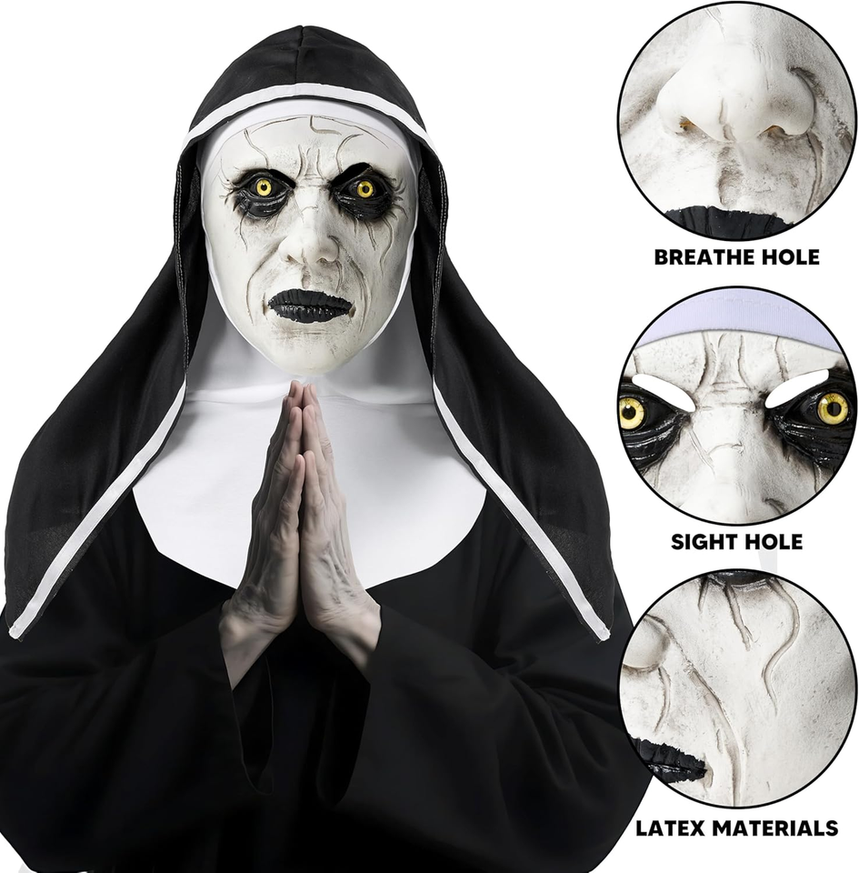 Halloween Scary Nun Mask with Black White Hood, Creepy Full Head Latex ...