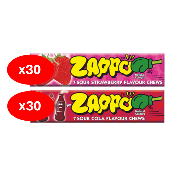 COMBO ZAPPO x 60 26g PACKETS - SOUR COLA & SOUR STRAWBERRY FLAVOUR ...