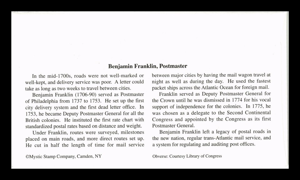 US COVER BENJAMIN FRANKLIN POSTMASTER FIRST DAY ISSUE MYSTIC CACHET | eBay