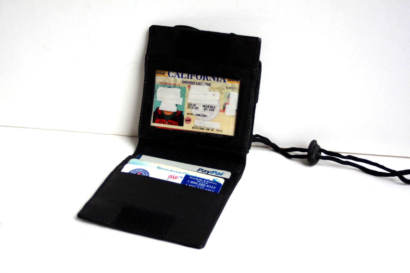 LEATHER WALLET ID Window Flap Pocket Card Slots Holder Adjustable Neck ...