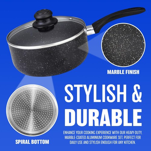 7PC BLACK MARBLE COATED ALUMINIUM NON STICK COOKWARE SET SAUCEPAN GLASS ...