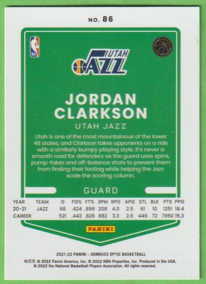 2021-22 Panini Donruss Optic Base Jordan Clarkson Utah Jazz Card 86 | eBay