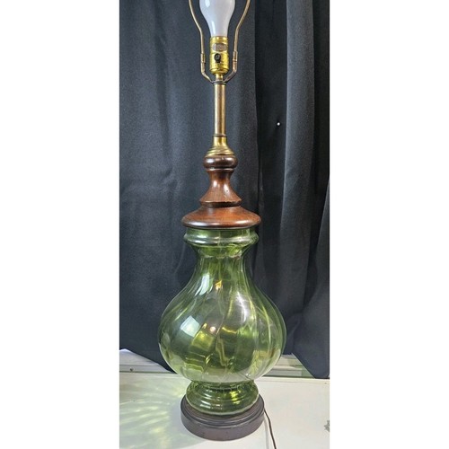 Vintage MCM Green Swirl Pattern Glass & Wood Globe Genie Large Lamp ...