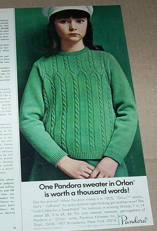 1966 print ad -Pandora cute little girl sweater fashion DuPont Orlon ...