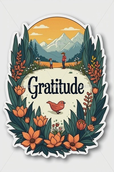 Gratitude Sticker - Scenic Mountain View with Floral Border and Bird ...