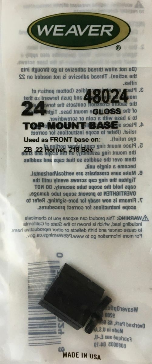 Weaver 48024 Top Mount Scope Base #24-BRNO ZB 22 Hornet 218 Bee, Savage ...