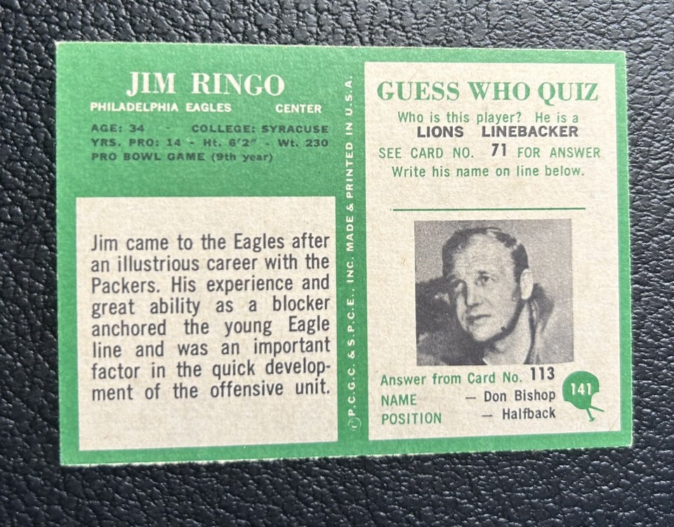 Jim Ringo 1966 Philadelphia Card #141 EX/MT Philadelphia Eagles | eBay
